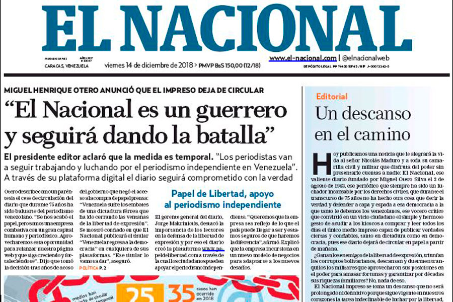 La última portada del diario venezolano El Nacional: “Es un guerrero y seguirá la batalla ...